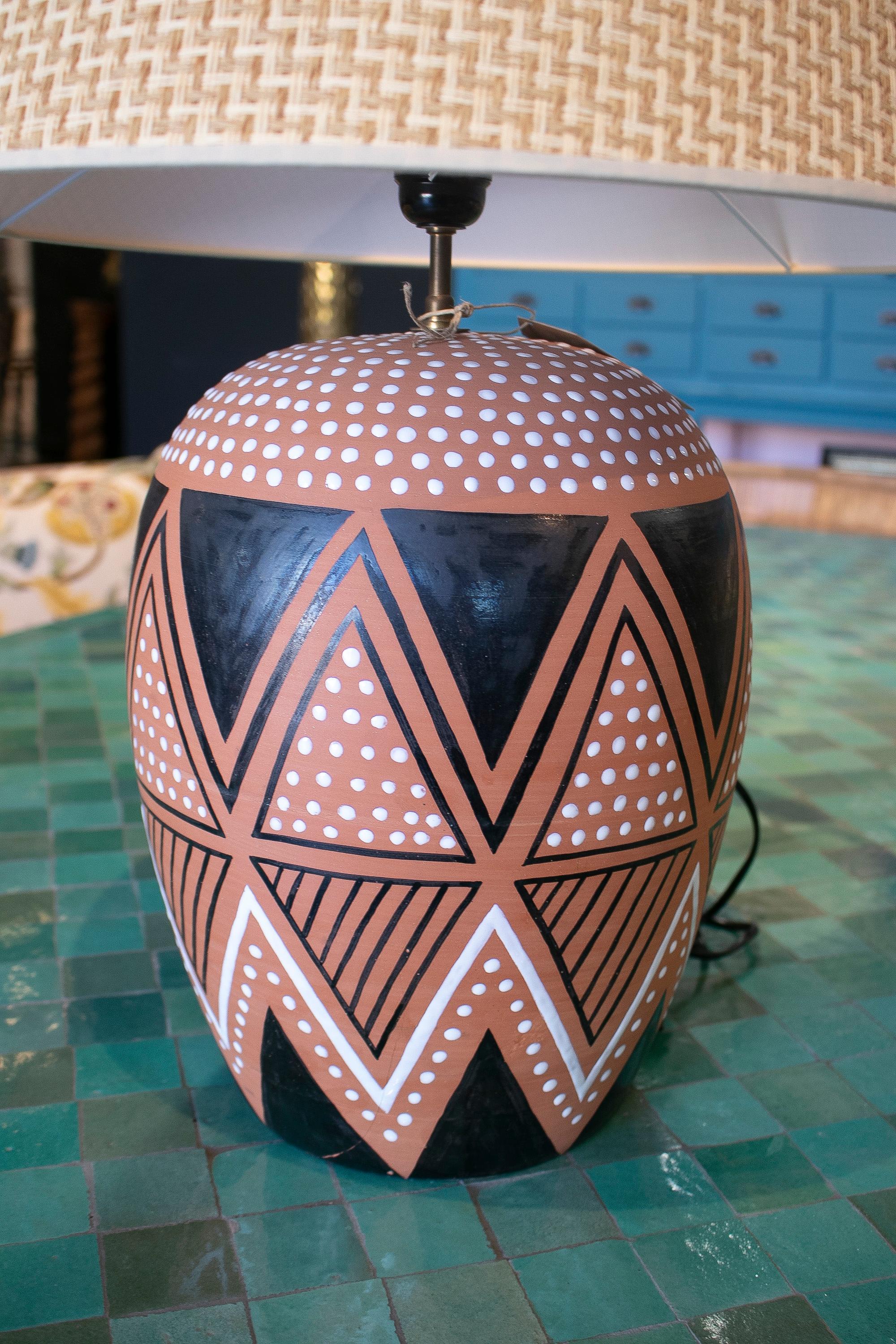 Pair of 1990s African Ceramic Table Lamps w/ Ethnic Geometric ...
