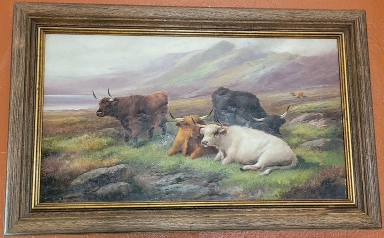 Pair of 19C Oils on Canvas of Highland Cattle by John W Morris For Sale ...