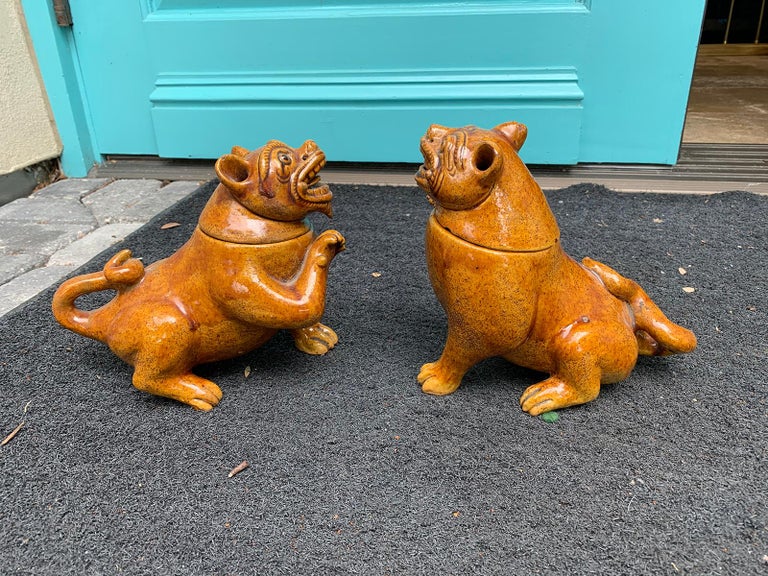 Pair of 19th-20th Century Chinese Amber Glazed Terracotta Foo Dogs with ...