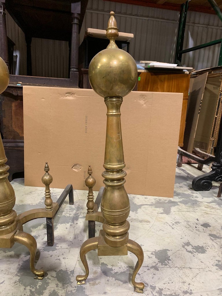 Pair of 19th-20th Century Large Scale American Brass Andirons with Ball ...