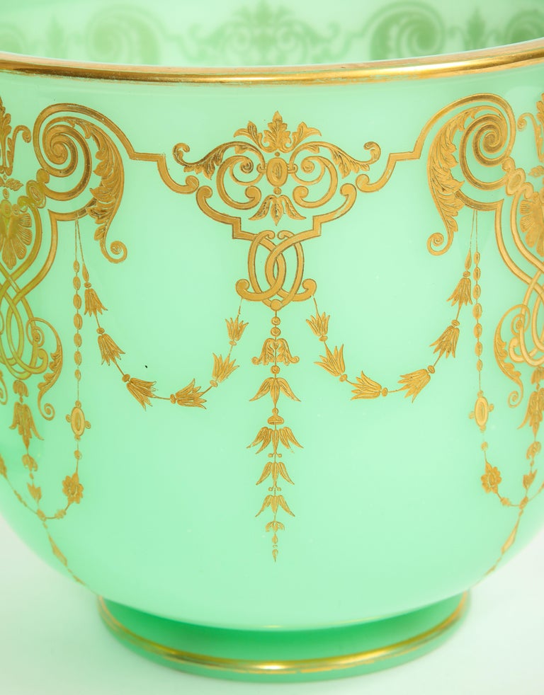 Pair of 19th C. French Green Opaline Crystal Cachepots Engraved Gilt ...