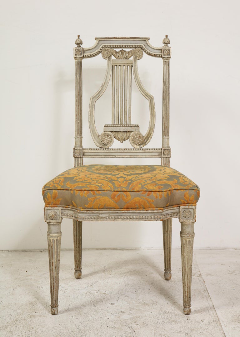 Pair of 19th Century Italian Painted Lyre-Back Chairs with Fortuny Seat ...