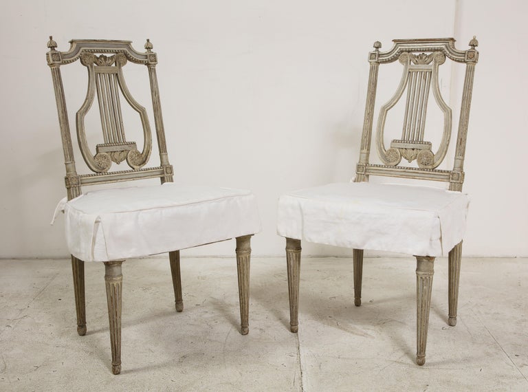 Pair of 19th Century Italian Painted Lyre-Back Chairs with Fortuny Seat ...