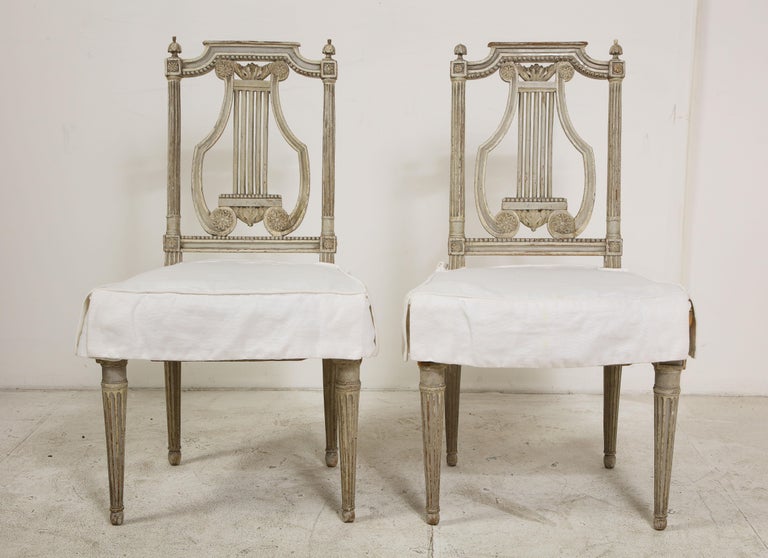 Pair of 19th Century Italian Painted Lyre-Back Chairs with Fortuny Seat ...
