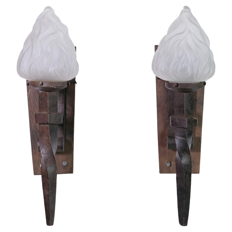 Pair of 19th C. Wrought Iron Exterior Wall Sconces with Flame Shades ...