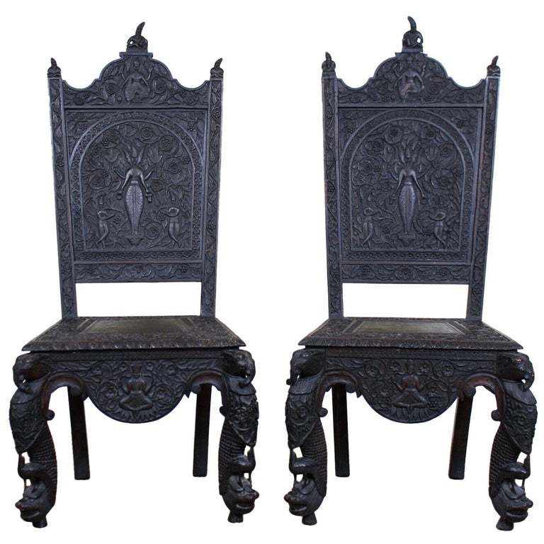 Pair of 19th Century Anglo-Indian Chairs Large Heavily Carved Elephants ...