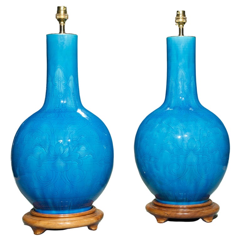 Pair of 19th Century Antique Porcelain Turquoise Table Lamps For Sale ...