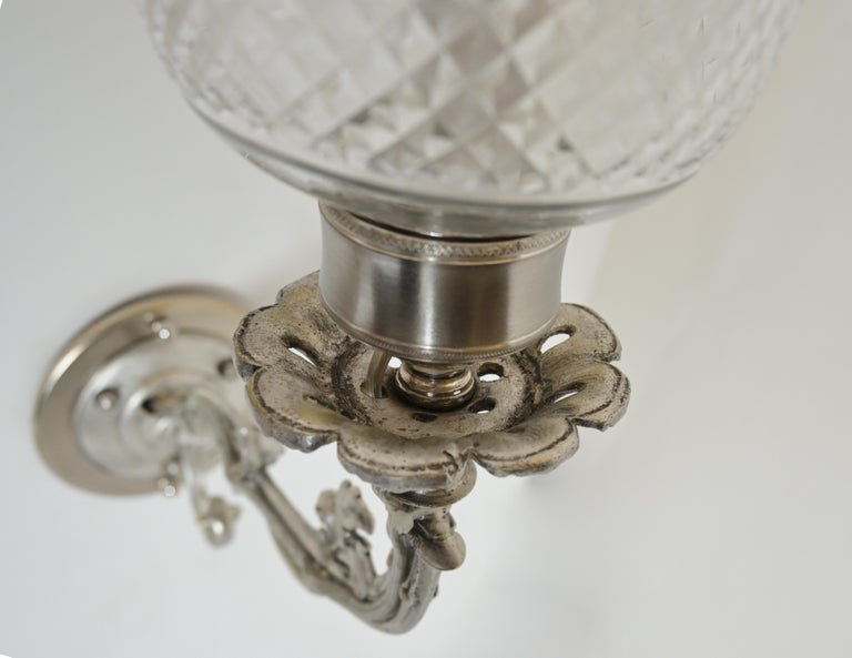 Pair of 19th Century Antique Silver Sconces with Cut Crystal Hurricane ...