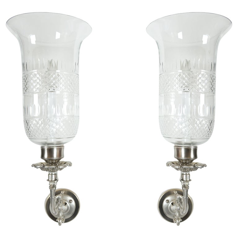 Pair of 19th Century Antique Silver Sconces with Cut Crystal Hurricane ...