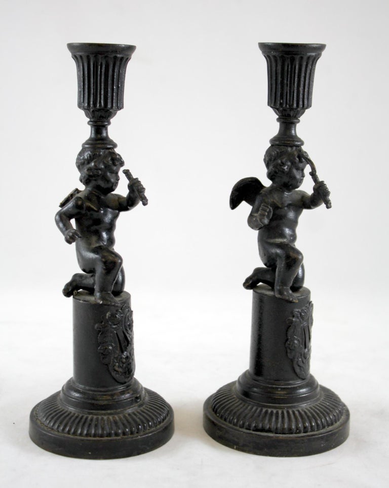 Pair of 19th Century Antique Spelter Candlesticks with Cherubs at 1stDibs