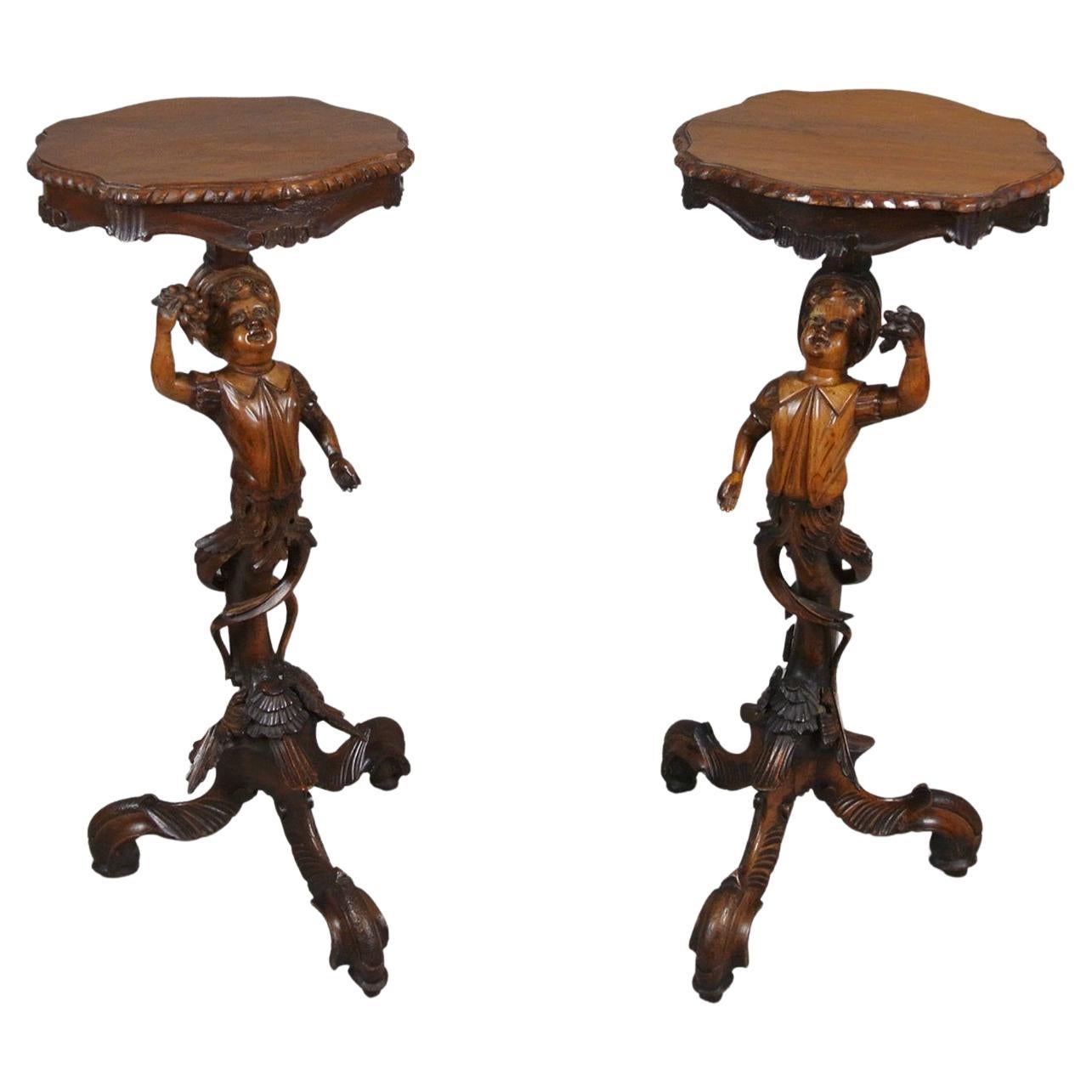 Pair of 19th Century Black Forest Carved Walnut Torcheres c. 1860 For ...