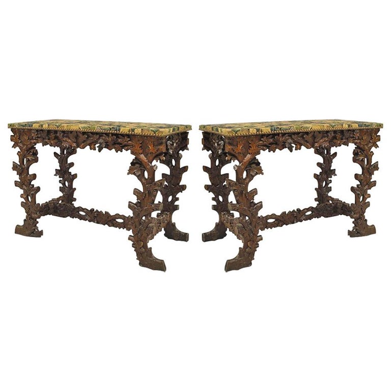 Pair of Rustic Black Forest Walnut Floral Console Tables For Sale at ...
