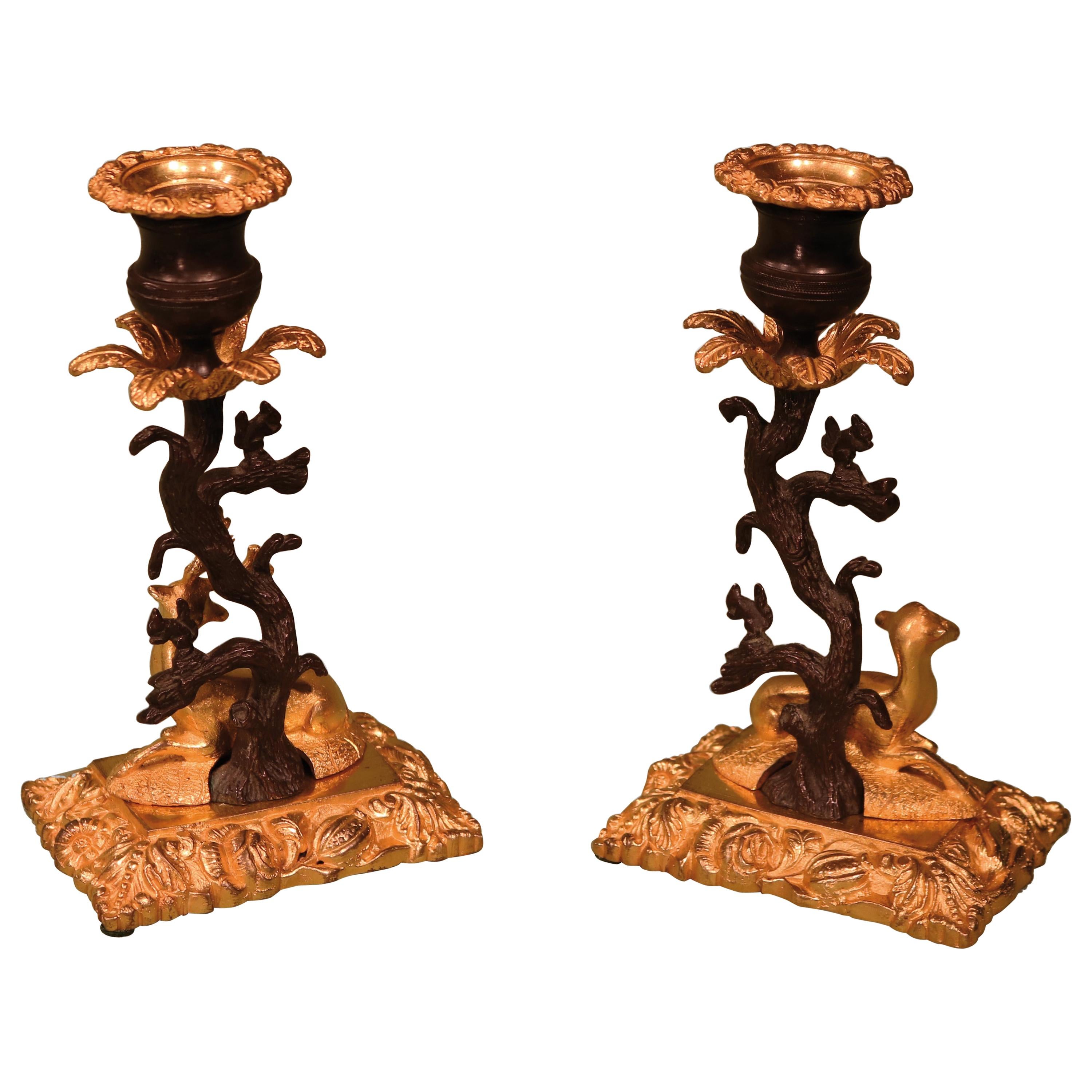 19th Century bronze and ormolu stag lustre candlesticks For Sale at 1stDibs
