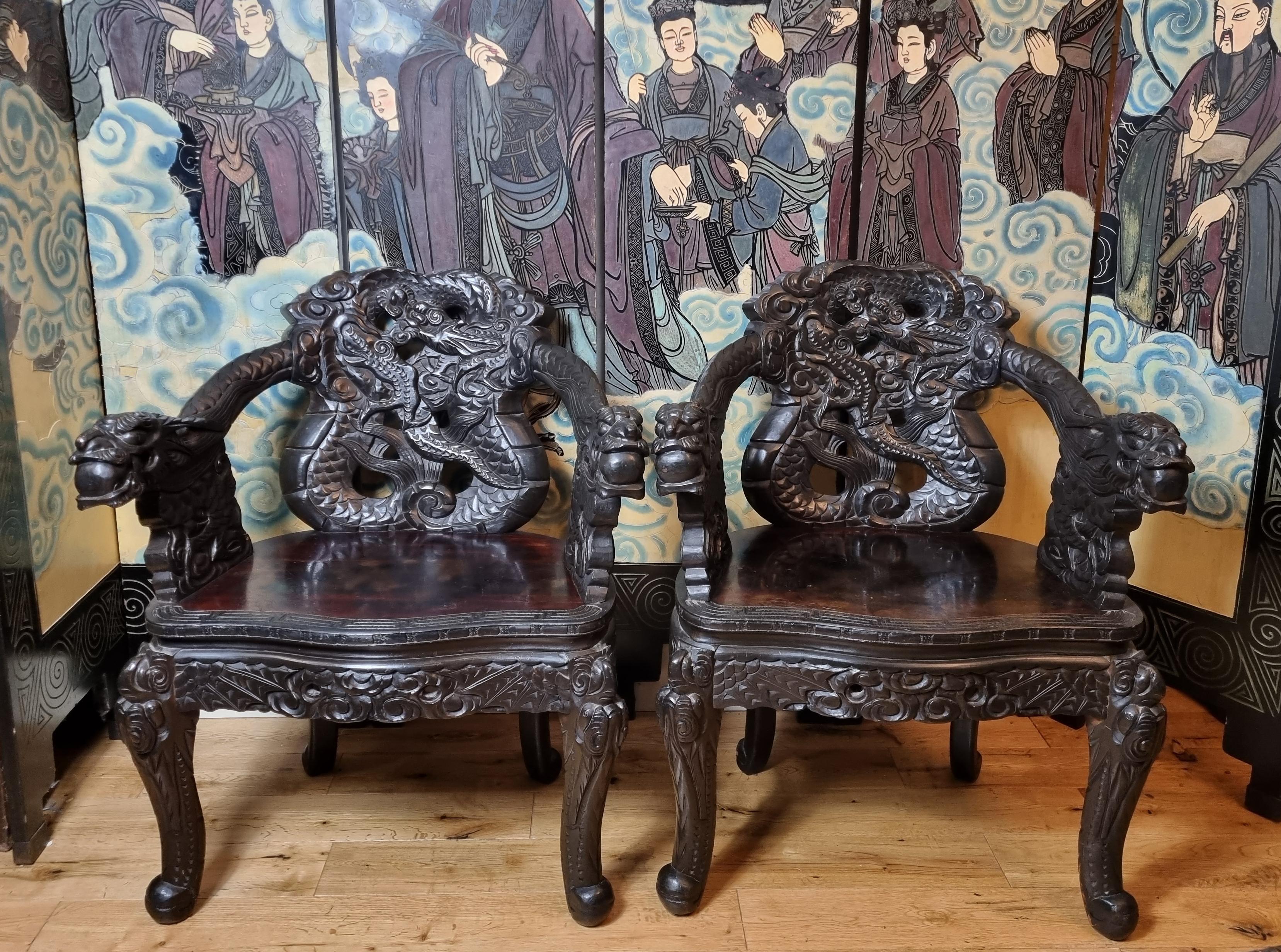 Pair of 19th Century Chinese Dragon Chairs / Armchairs For Sale at 1stDibs