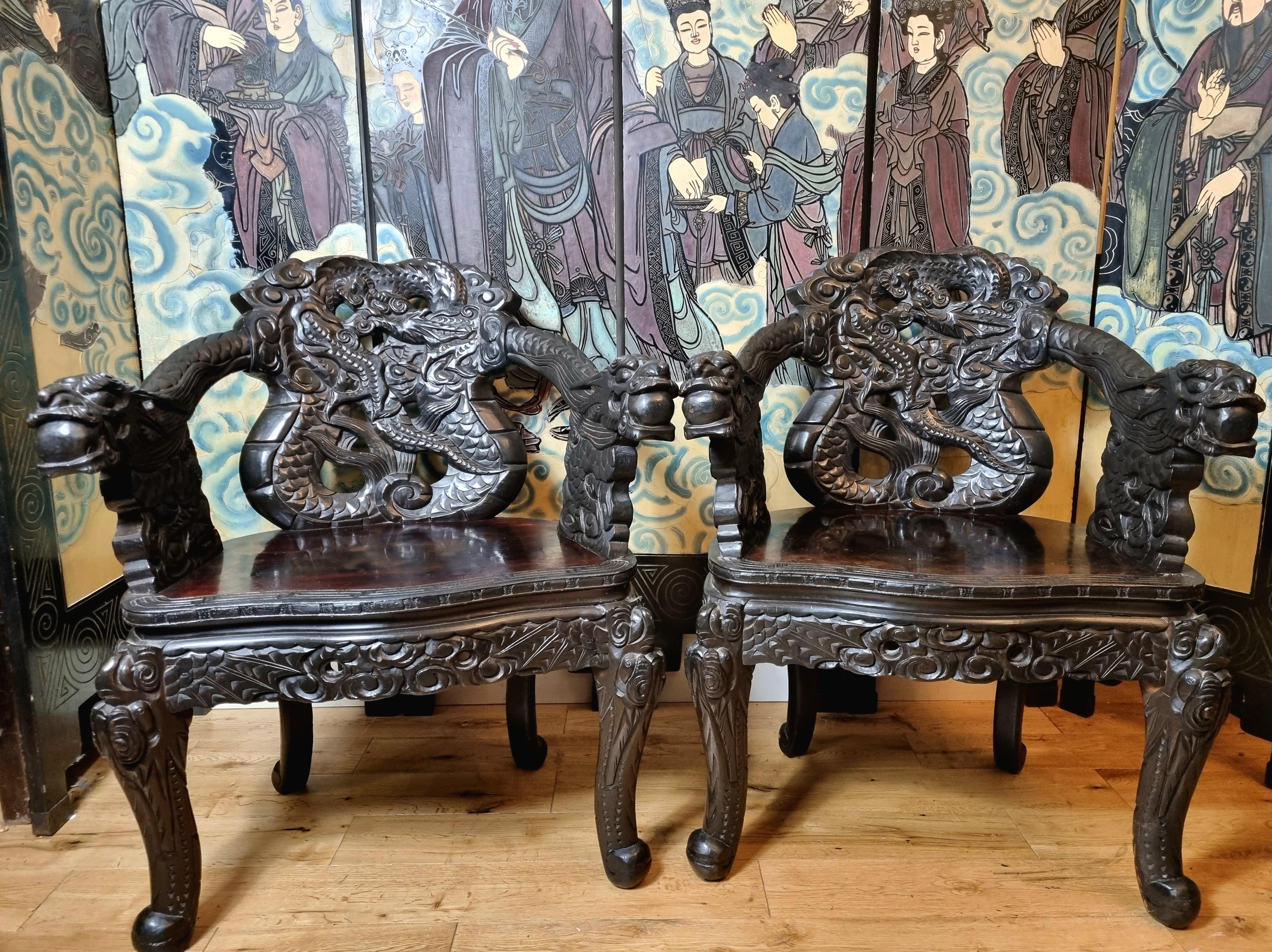 Pair of 19th Century Chinese Dragon Chairs / Armchairs For Sale at 1stDibs
