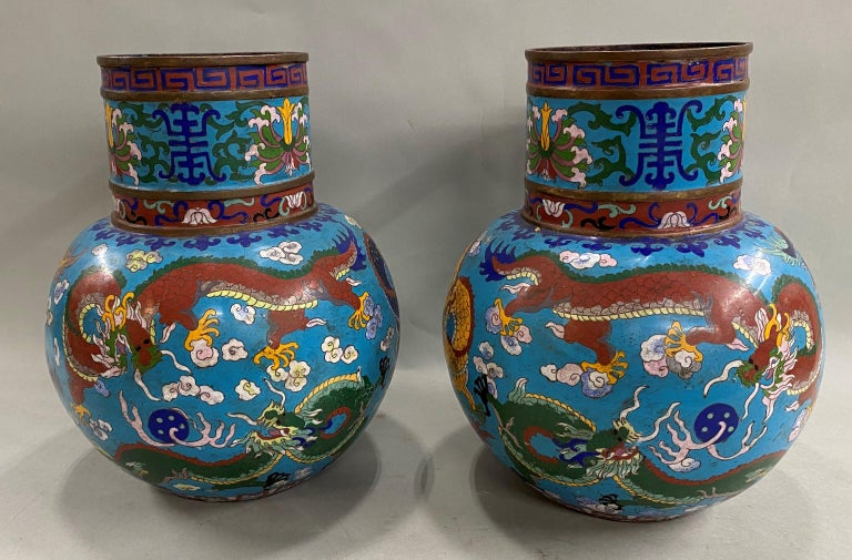 Pair of 19th Century Chinese Polychrome Cloisonné Pitchers w/ Gooseneck ...