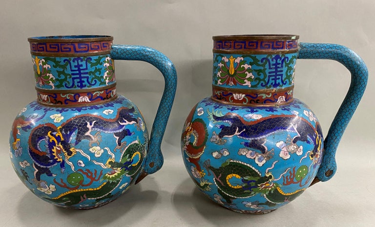 Pair of 19th Century Chinese Polychrome Cloisonné Pitchers w/ Gooseneck ...