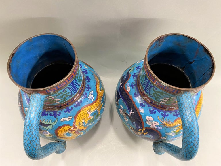 Pair of 19th Century Chinese Polychrome Cloisonné Pitchers w/ Gooseneck ...