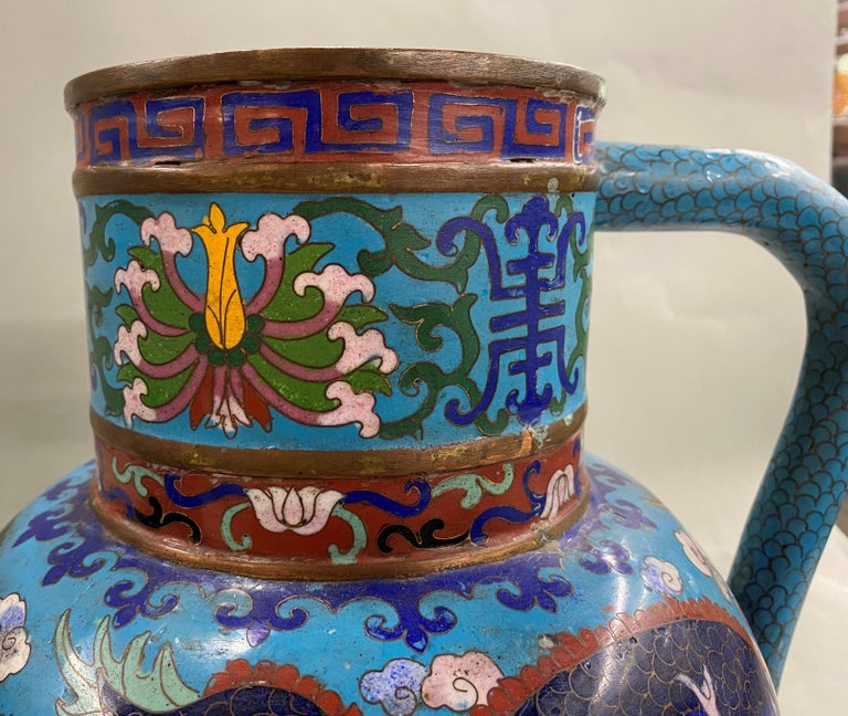 Pair of 19th Century Chinese Polychrome Cloisonné Pitchers w/ Gooseneck ...