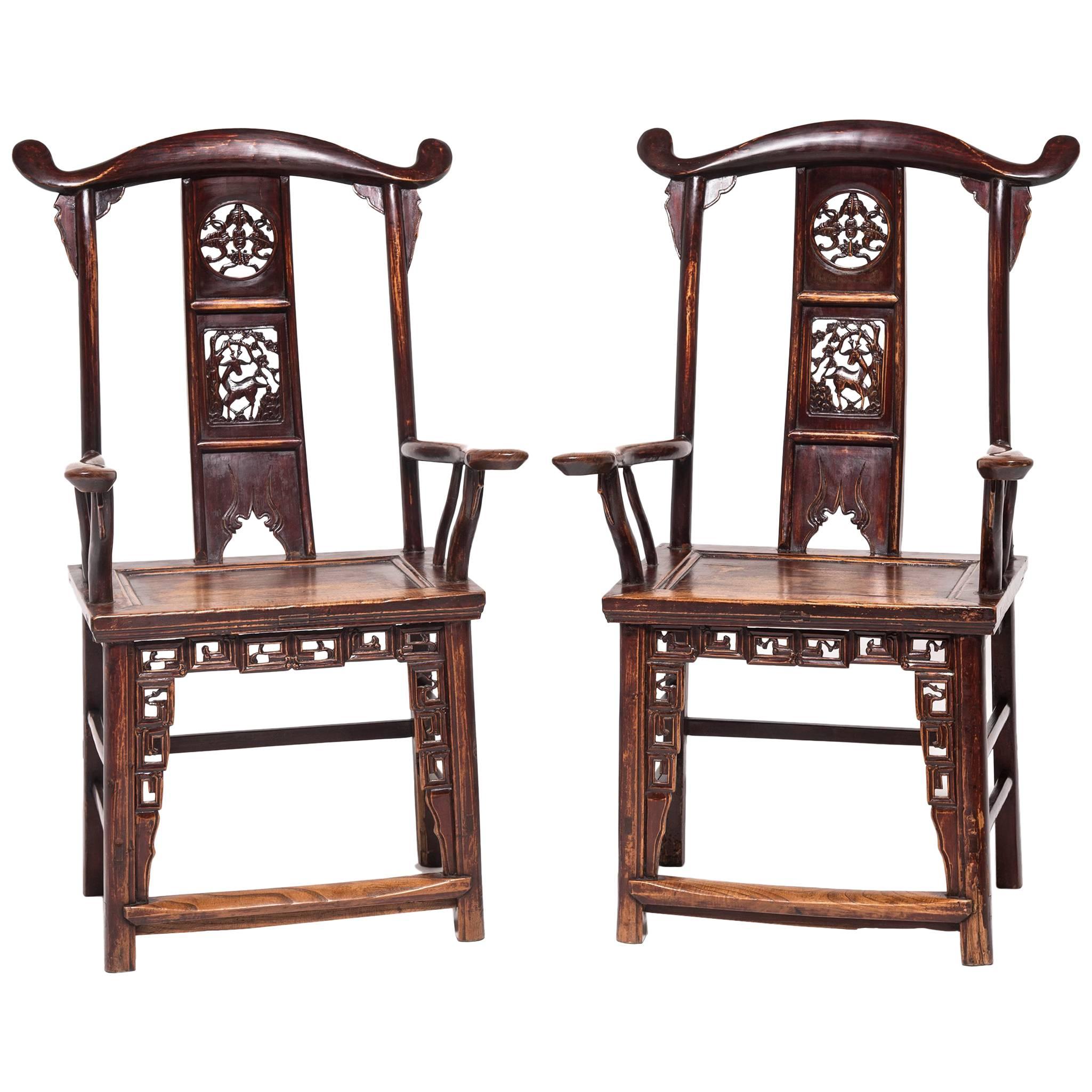 Pair of Chinese Tall Back Chairs with Auspicious Deer Medallions, c ...