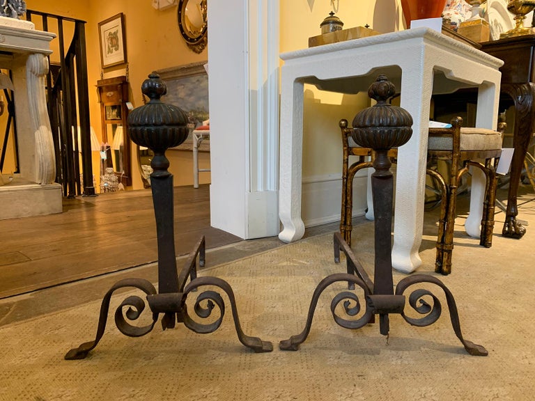 Pair of 19th Century Continental Hand Forged Bronze and Iron Andirons ...