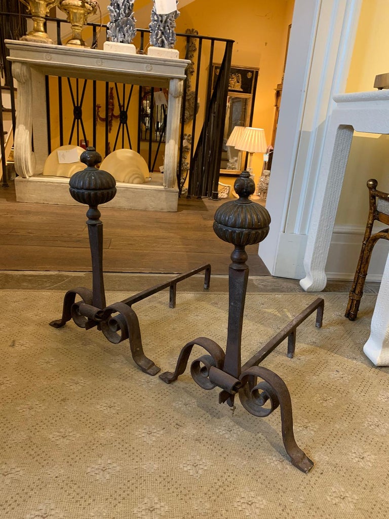 Pair of 19th Century Continental Hand Forged Bronze and Iron Andirons ...