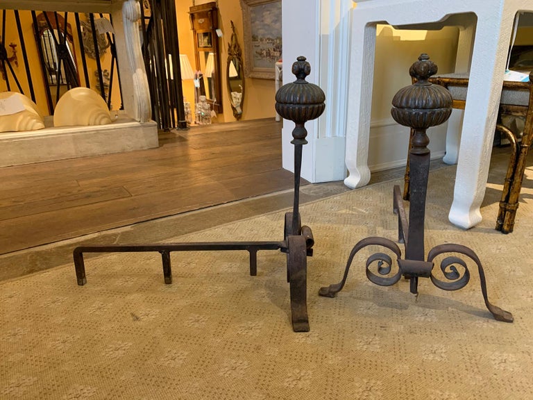 Pair of 19th Century Continental Hand Forged Bronze and Iron Andirons ...