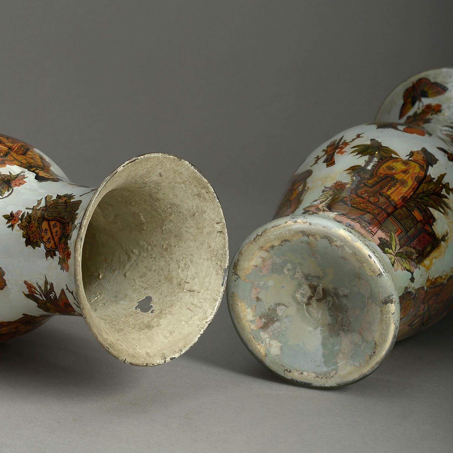 Pair of 19th Century Decalcomania Glass Vases For Sale at 1stDibs