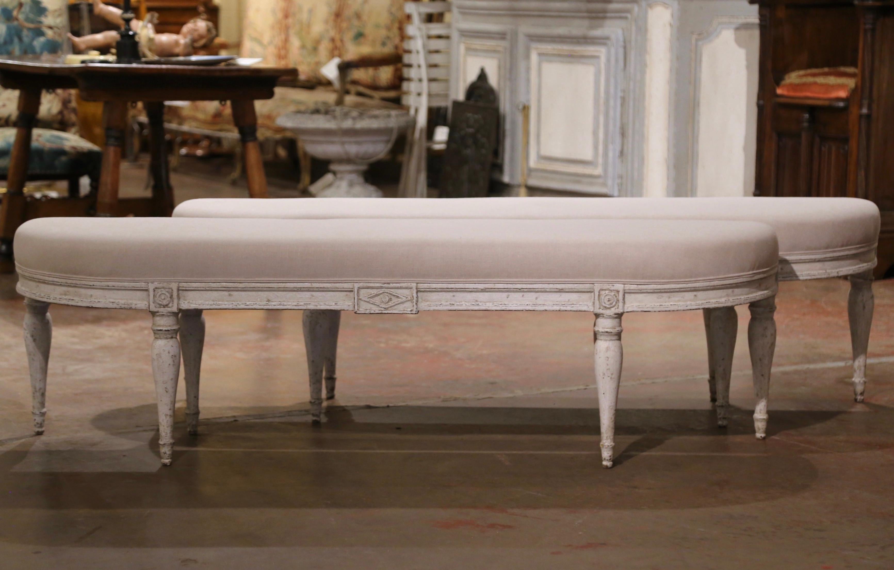 Pair of 19th Century Directoire Carved Painted Benches with Rounded ...