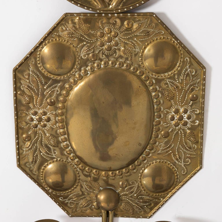 Pair of 19th Century Dutch Brass Repousse Sconces For Sale at 1stdibs
