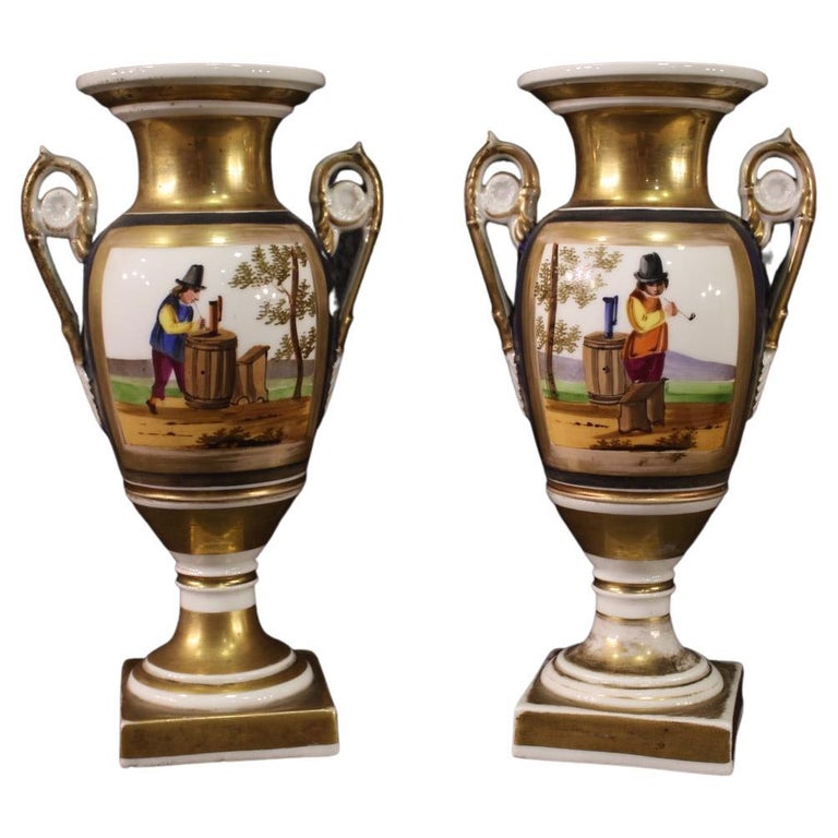 Pair of 19th Century Empire Style Hand Painted Ceramic French Vases ...