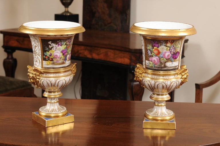 Pair of 19th Century English Derby Urns with Flowers For Sale at 1stDibs