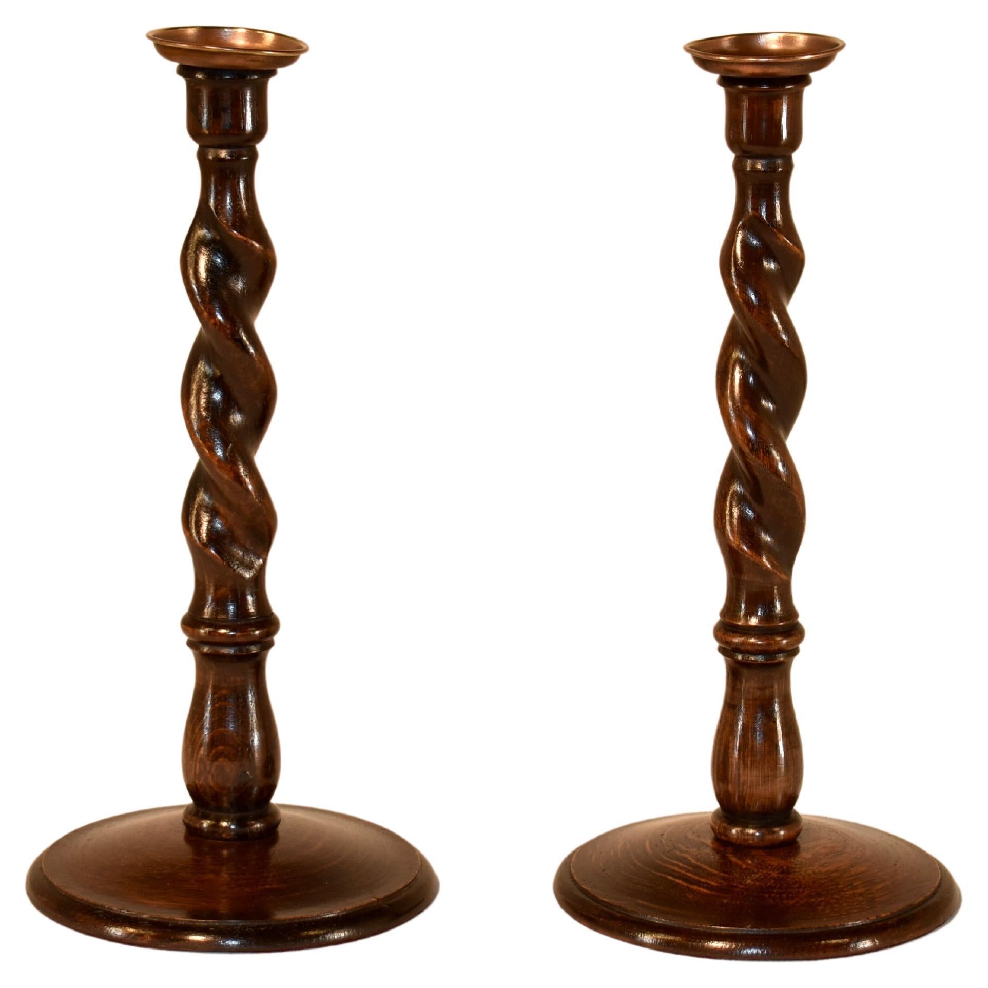 Pair of English 19th Century Oak Candlesticks with Barley Twist Accents ...