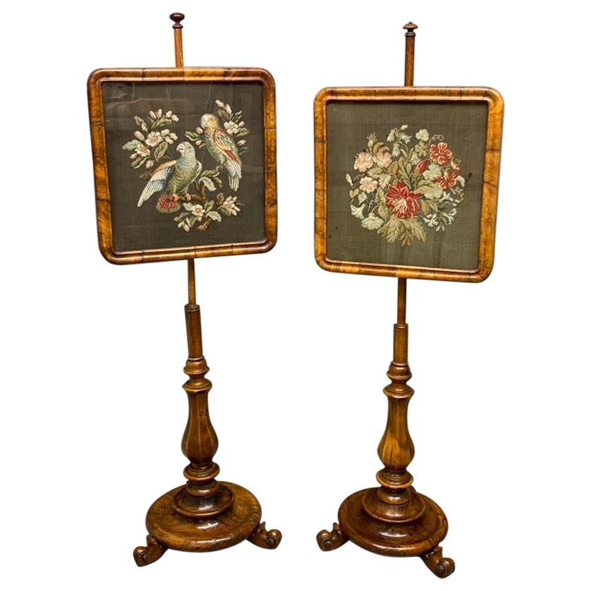 Pair of 19th Century English Walnut Pole Screens with Wool Work Panels ...