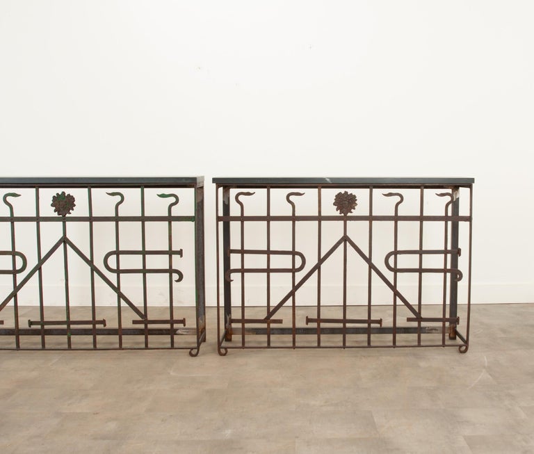 Pair of 19th Century European Iron Panel Consoles For Sale at 1stDibs