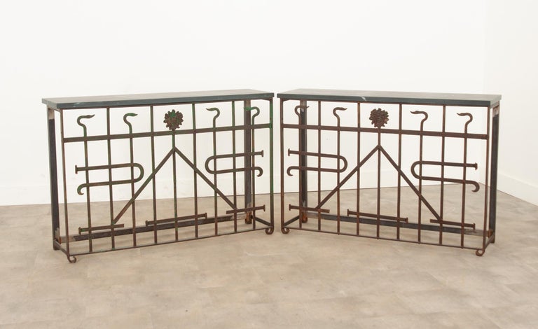 Pair of 19th Century European Iron Panel Consoles For Sale at 1stDibs