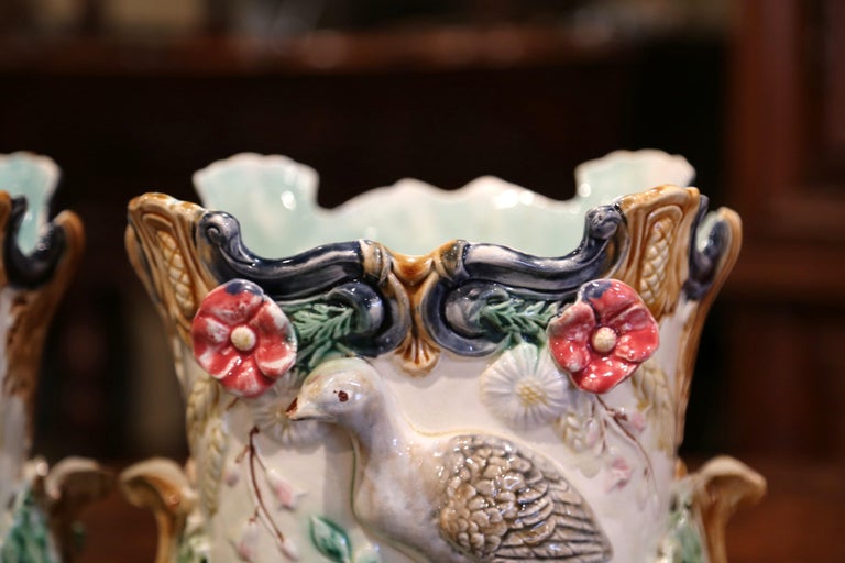 Pair of 19th Century French Barbotine Cachepots with Bird and Floral ...