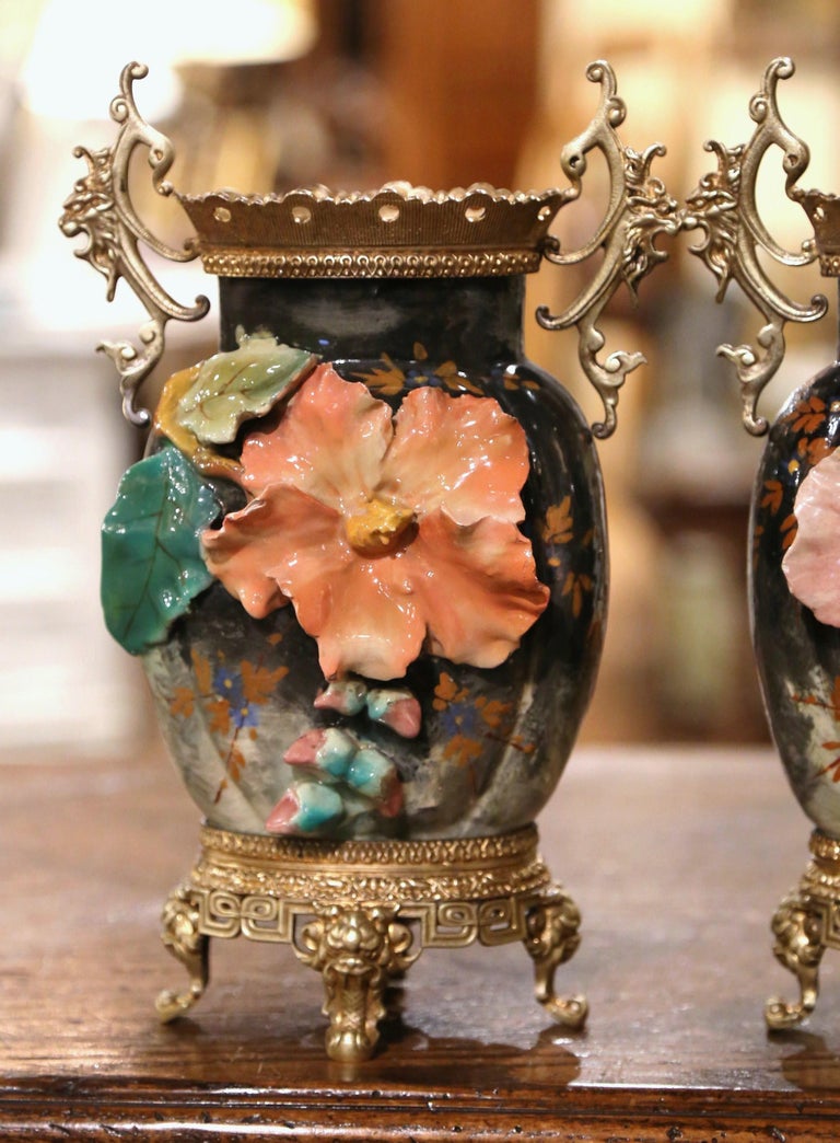 Pair of 19th Century French Barbotine Faience and Brass Vases from ...