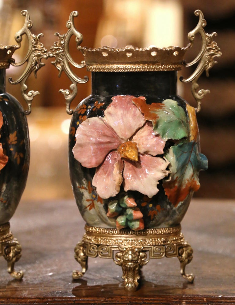 Pair of 19th Century French Barbotine Faience and Brass Vases from ...