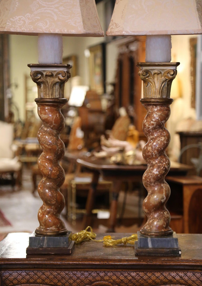 Pair of 19th Century French Baroque Carved Marble and Gilt Wood Column ...