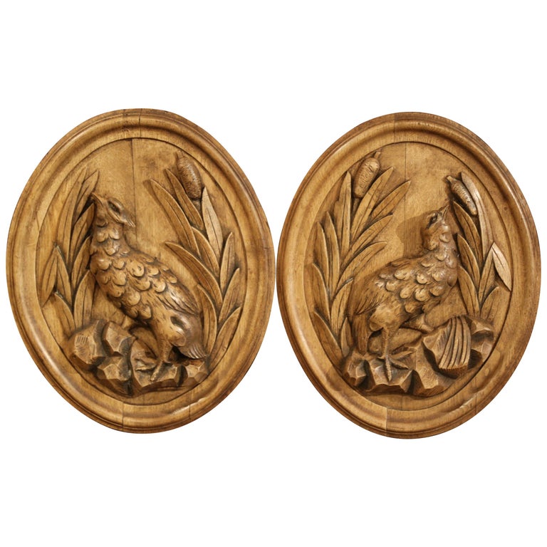 Pair of 19th Century French Black Forest Carved Oval Wall Hanging Bird ...