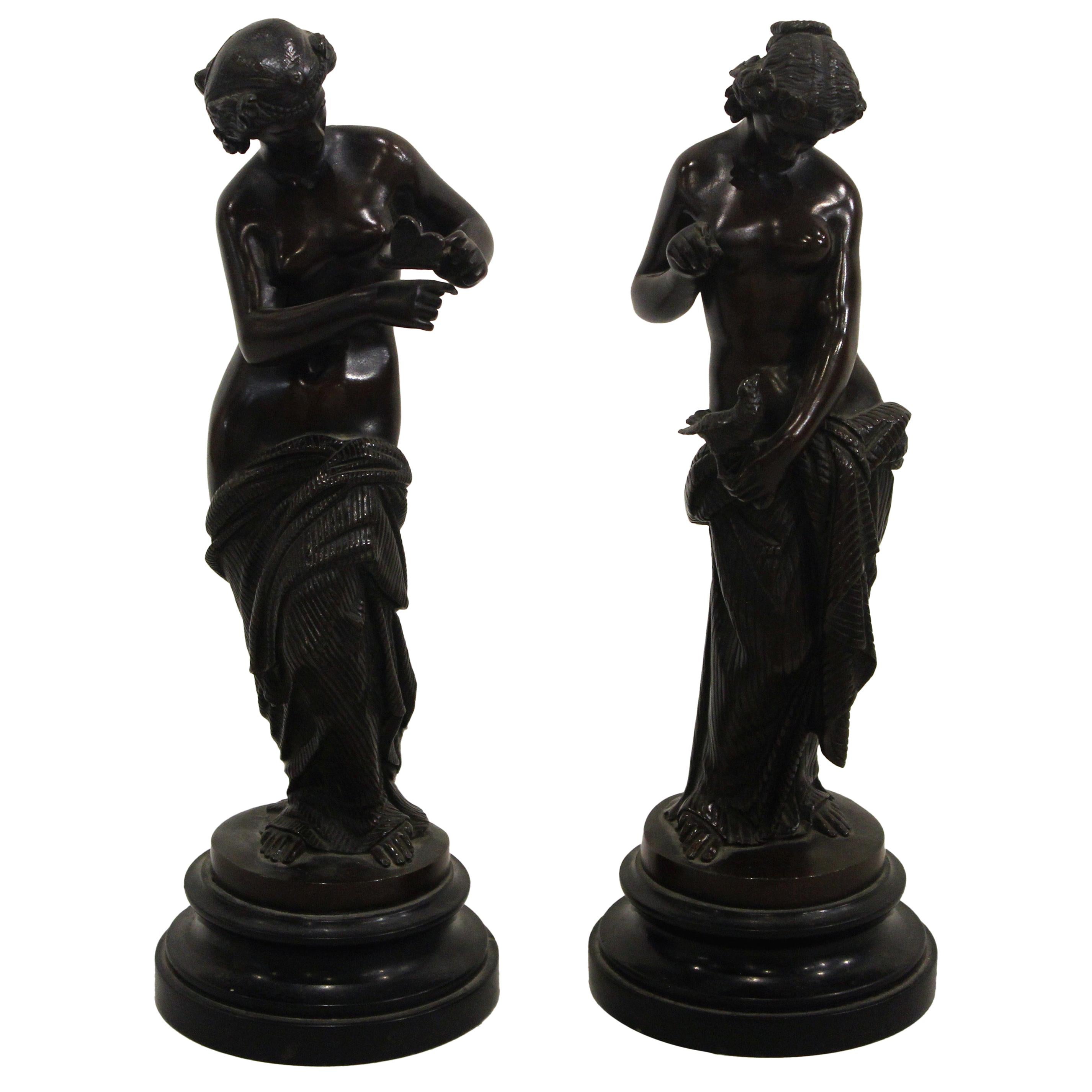 Pair of 19th Century French Bronze Figural Statues of Women For Sale at ...