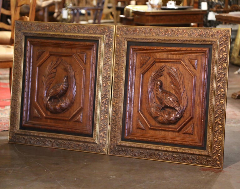 Pair of 19th Century French Carved Oak Wall Panels with Pheasants in ...