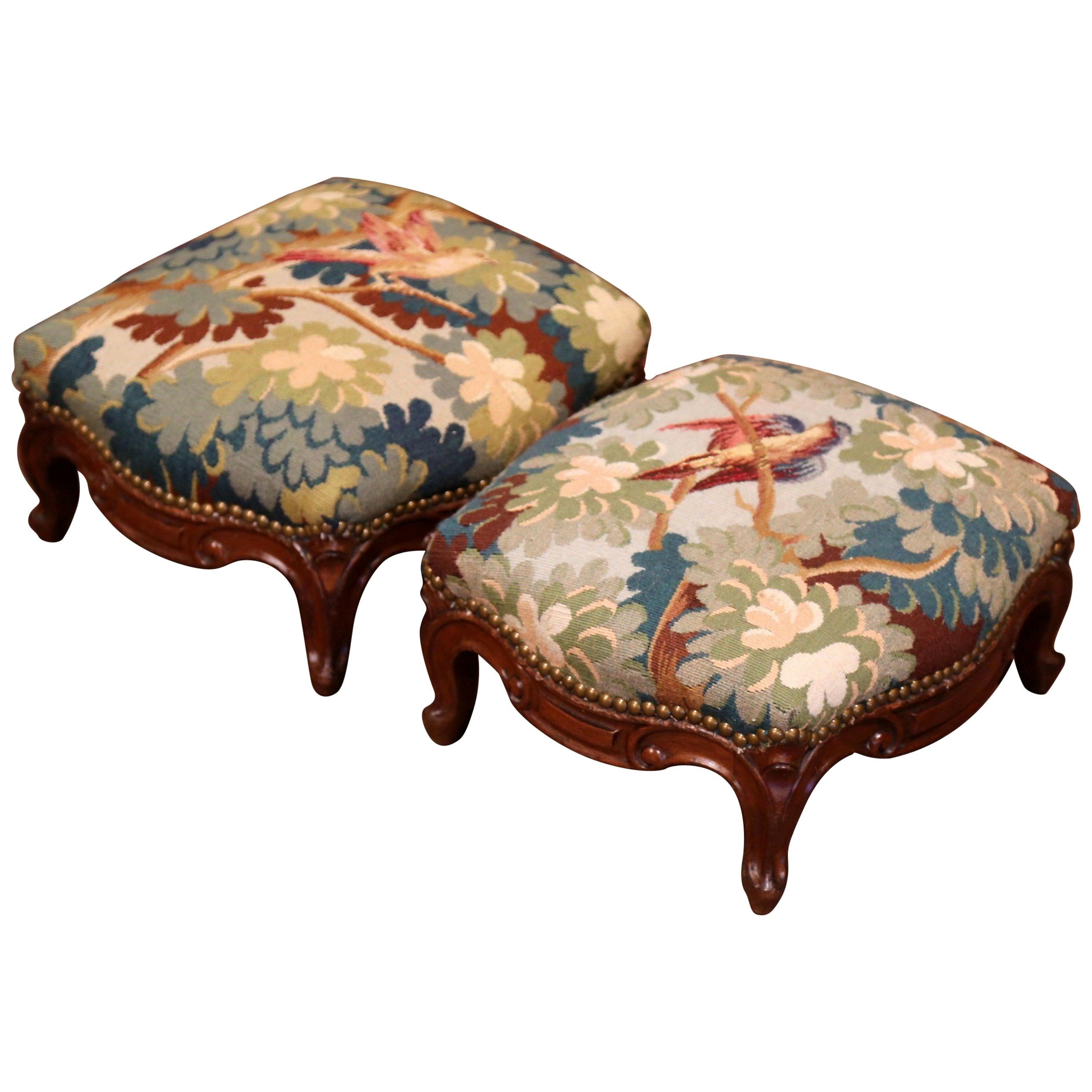 Pair of 19th Century French Carved Walnut Footstools with Aubusson ...