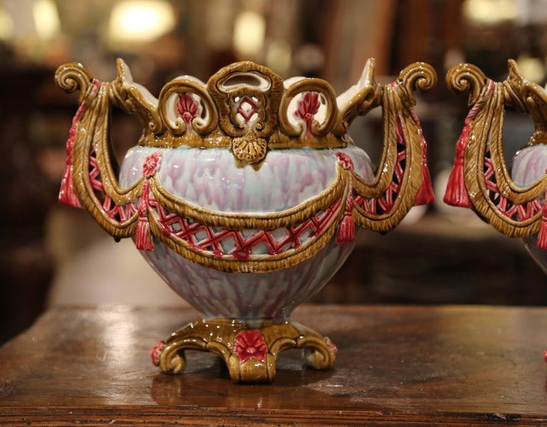 Pair of 19th Century French Ceramic Barbotine Cache Pots with Tassel ...