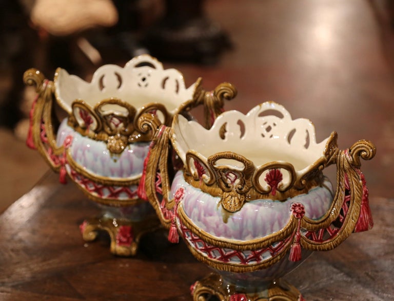 Pair of 19th Century French Ceramic Barbotine Cache Pots with Tassel ...