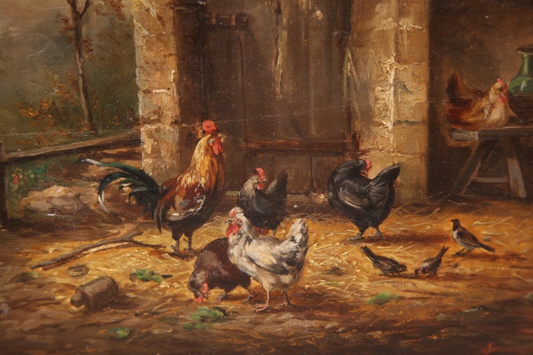 Pair of 19th Century French Chicken Oil on Board Paintings in Gilt ...