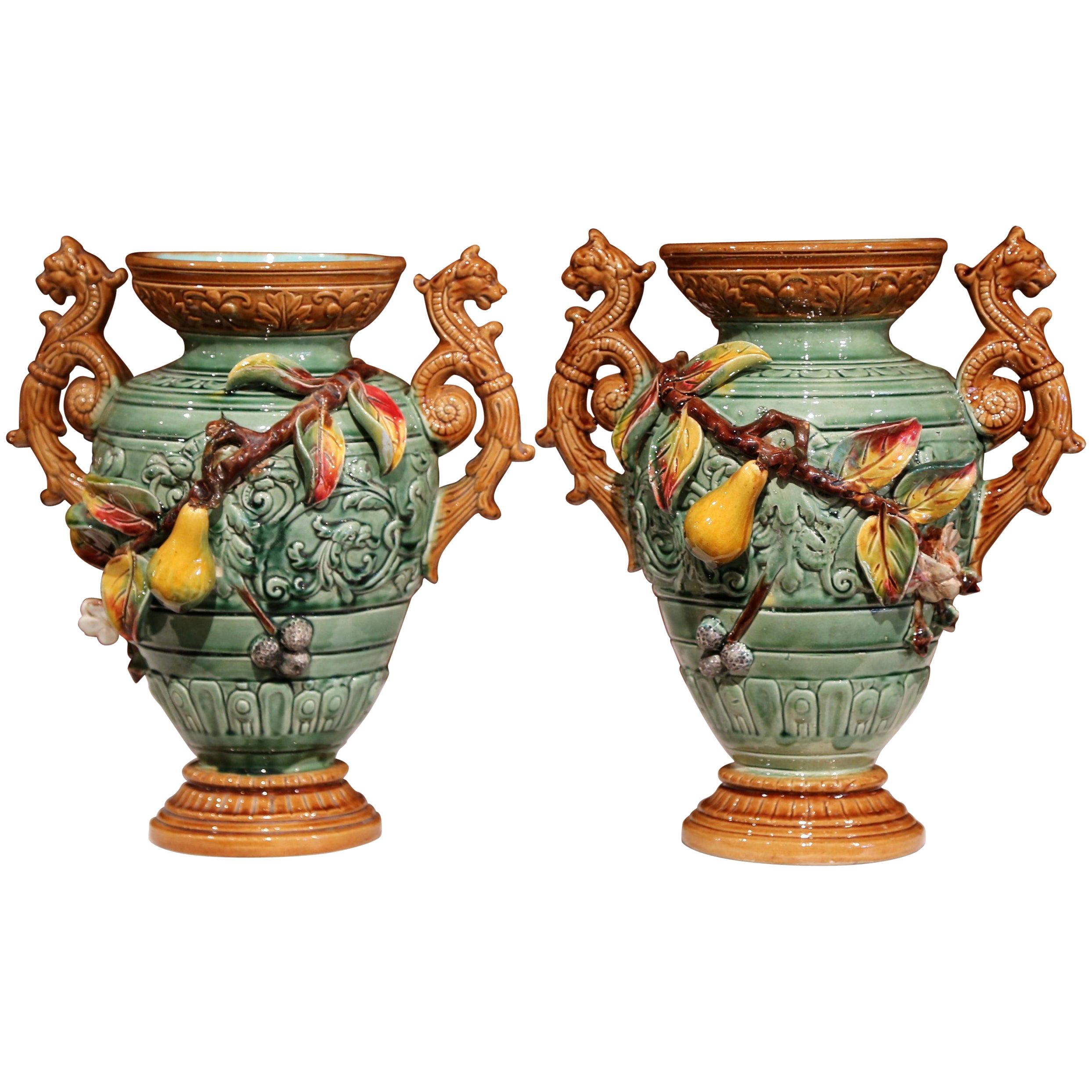 Pair of Antique French Barbotine Vases by Theodore LeFront at 1stdibs