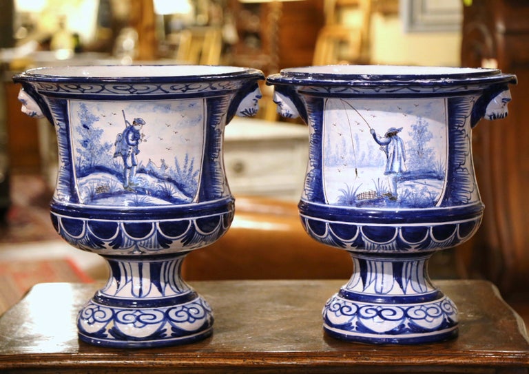 Pair of 19th Century French Hand-Painted Faience Planters from Nevers ...