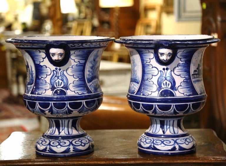 Pair of 19th Century French Hand-Painted Faience Planters from Nevers ...